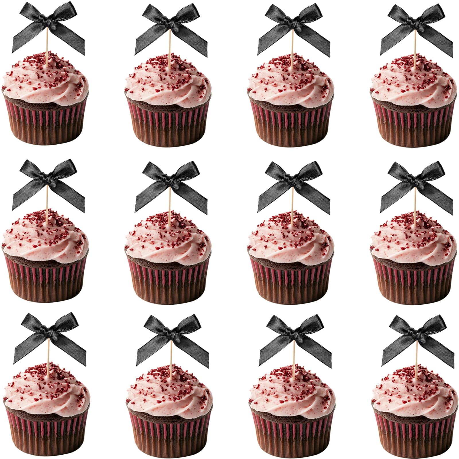 48Pcs Black Bow Cupcake Toppers, 2" Bowknot Cupcake Toppers Ribbon Bow ...