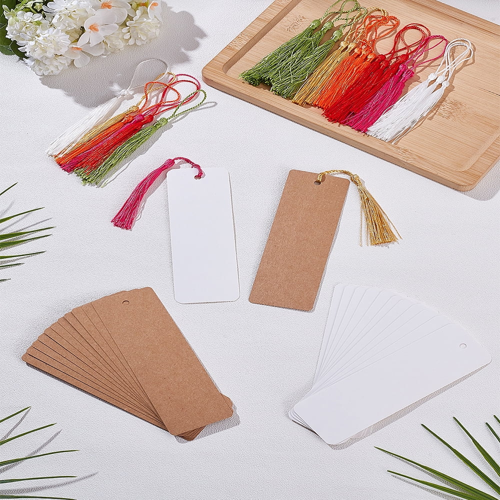 48Pcs Blank Kraft Paper Card Rectangle DIY Bookmark Card with Polyester ...