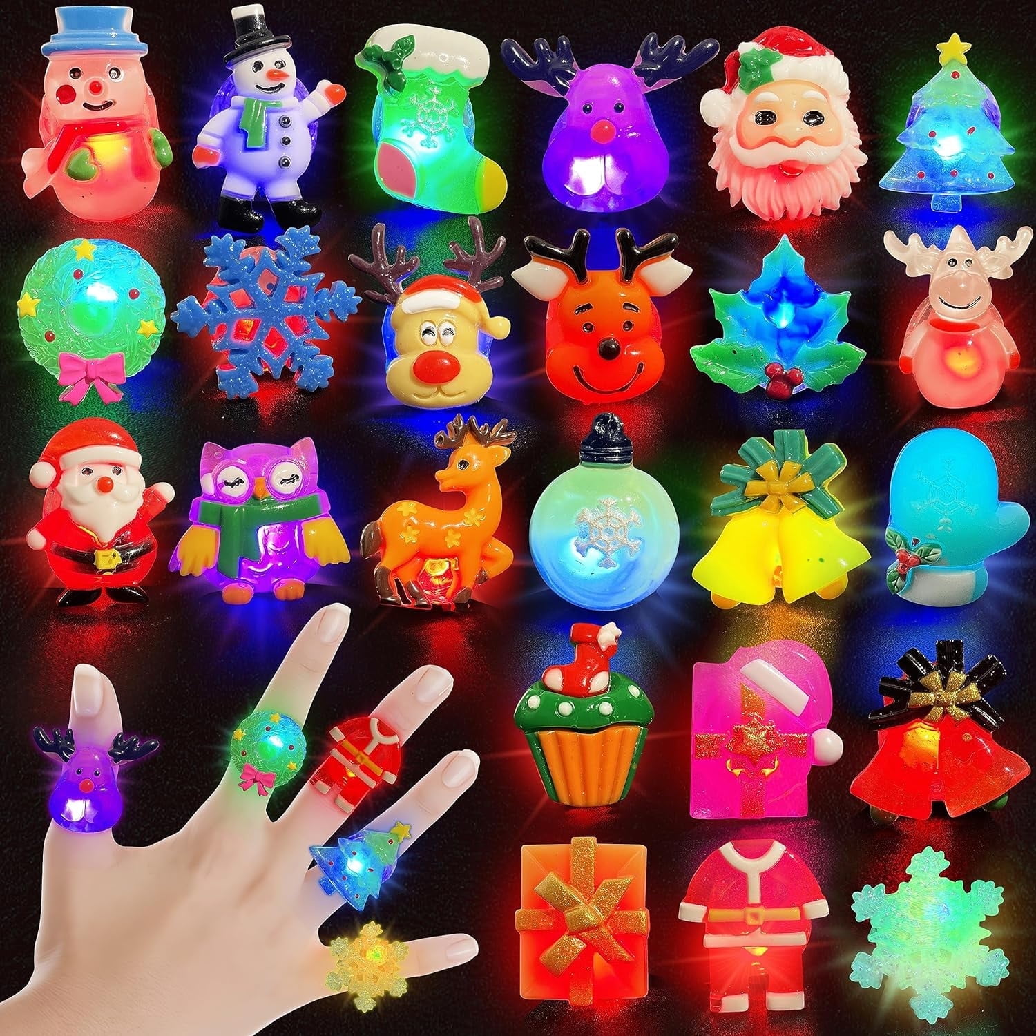48Pcs Christmas Party Favors for Kids, 3D Light Up Rings Christmas ...