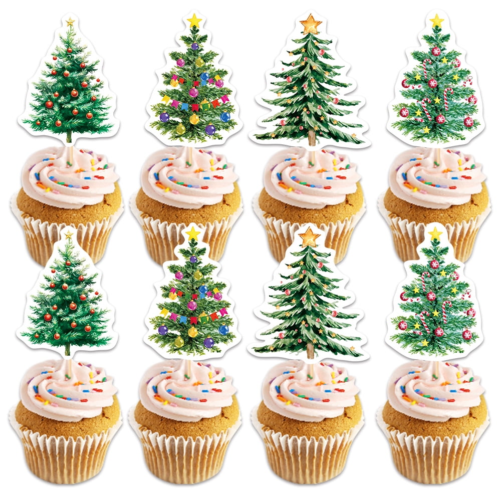 48Pcs Christmas Tree Cupcake Toppers 4 Designs Watercolor Cake Decor ...