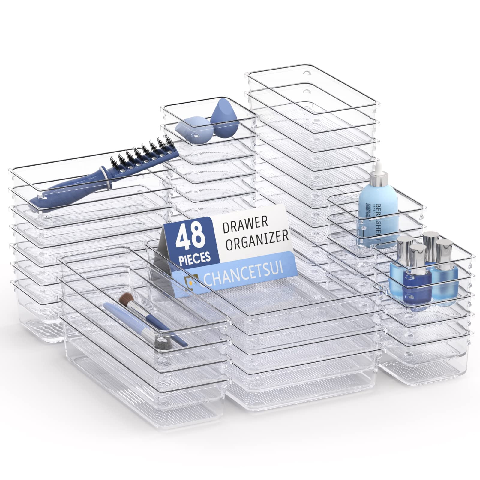 48Pcs Clear Plastic Drawer Organizer Set 4-Size Versatile Vanity and ...