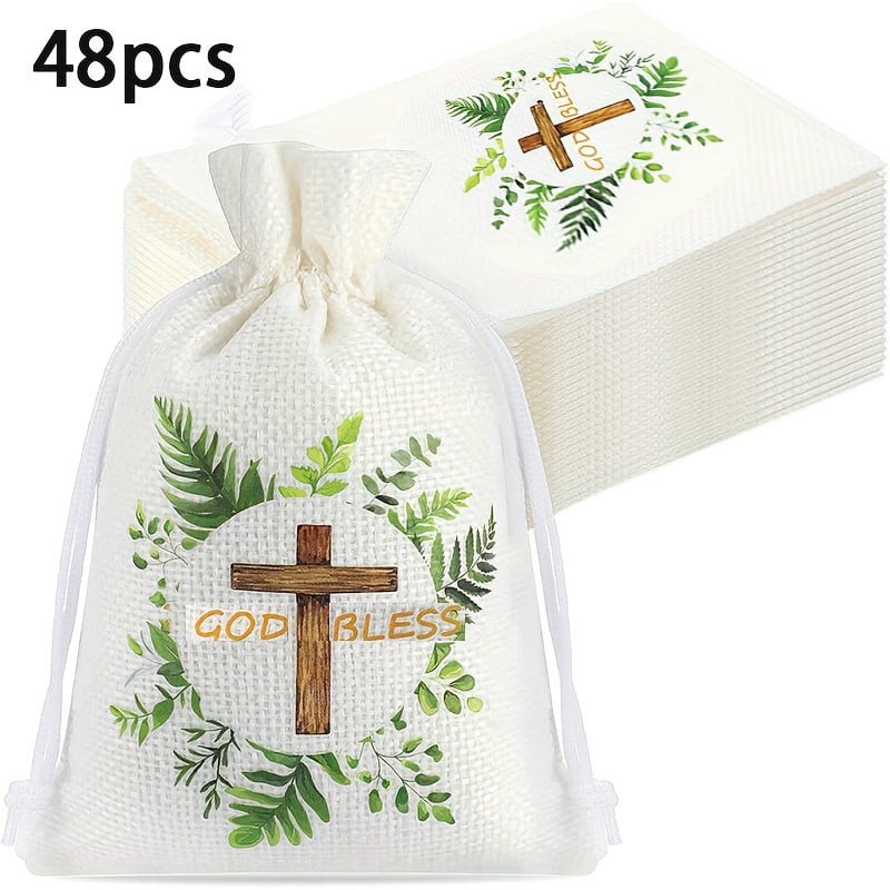 48Pcs Cross Drawstring Gift Bags with Greenery Design, Linen-Like ...