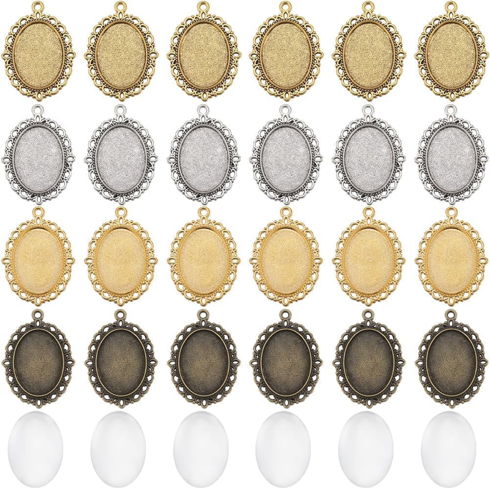 48Pcs DIY 24Sets Cabochon Bezel Trays Pendant Bezel Blanks Vintage ...