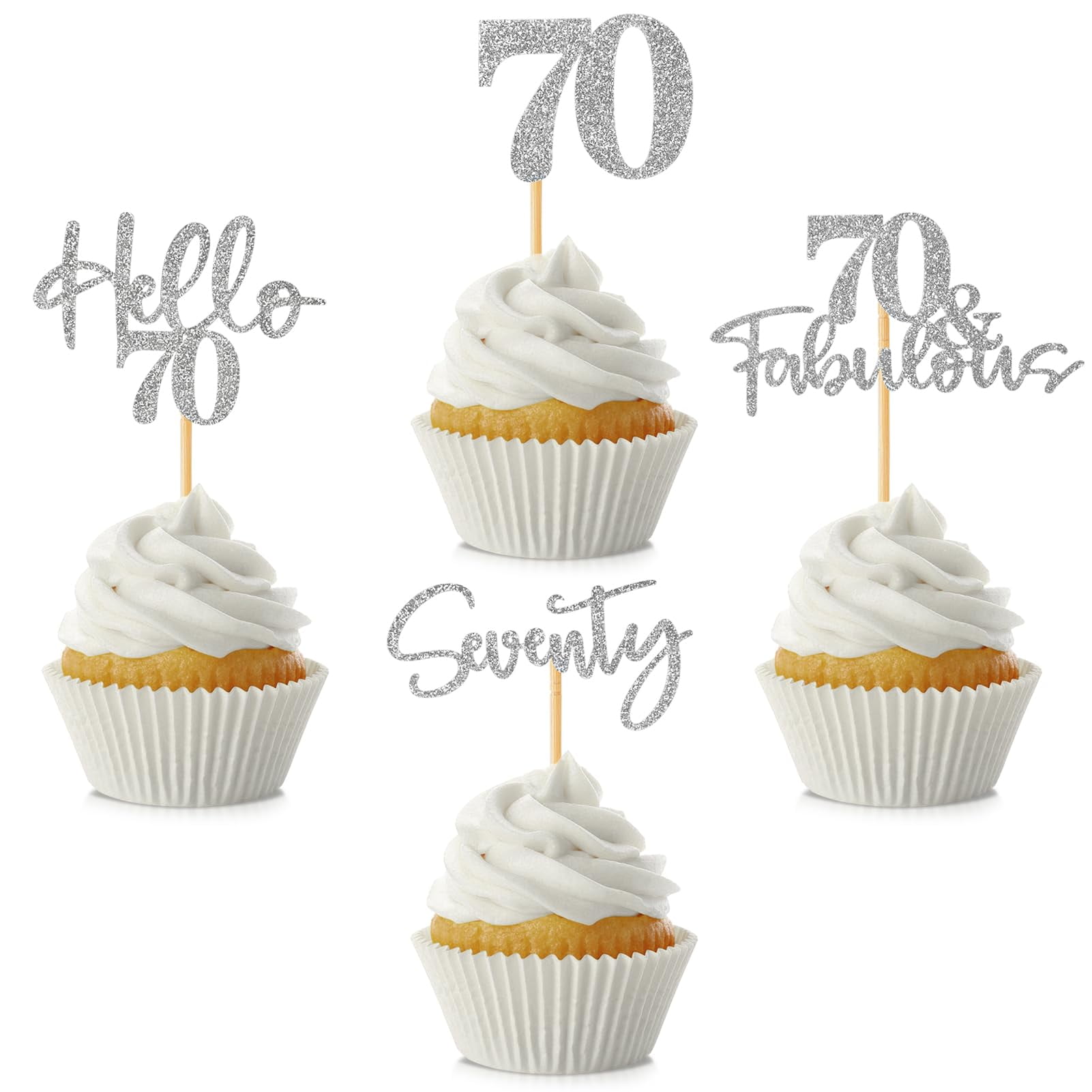 48pcs Glitter Hello 70 Cupcake Toppers Fabulous 70th Birthday Party
