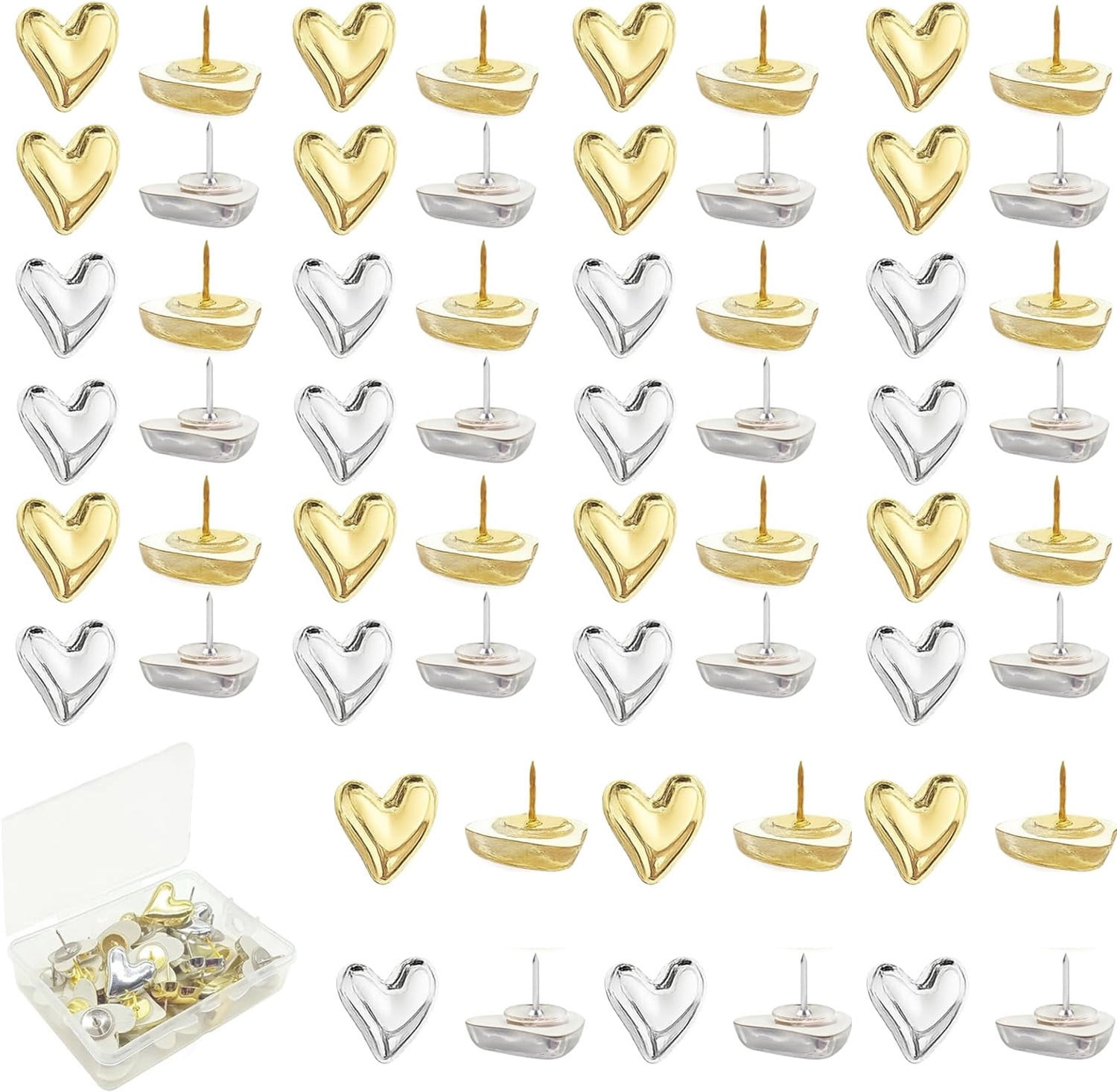 48Pcs Heart Decorative Push Pins,Bexikou Gold&Silver Cute Push Pins ...