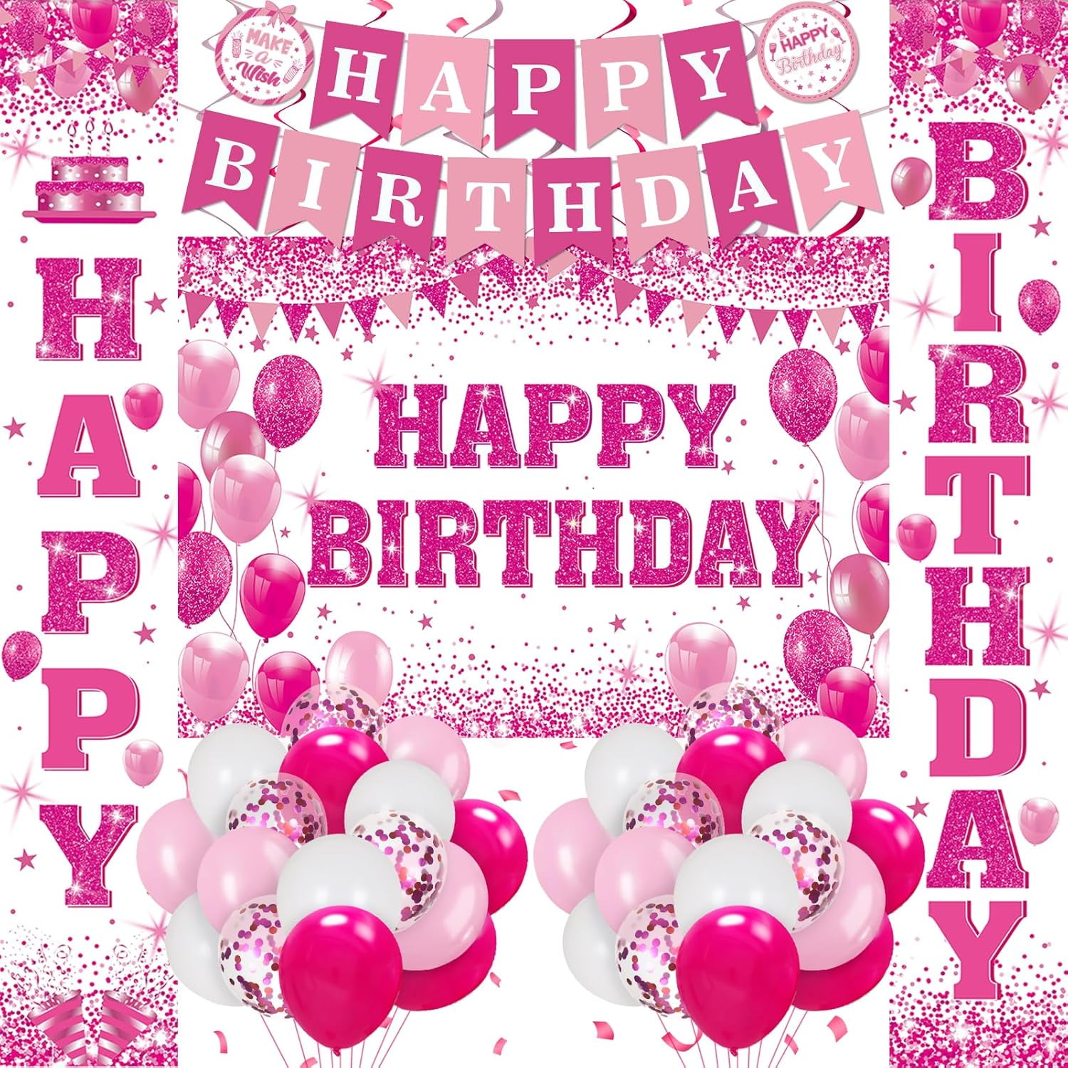 48Pcs Hot Pink and White Birthday Decorations for Girls Women Hot Pink Birthday Party Supplies ...