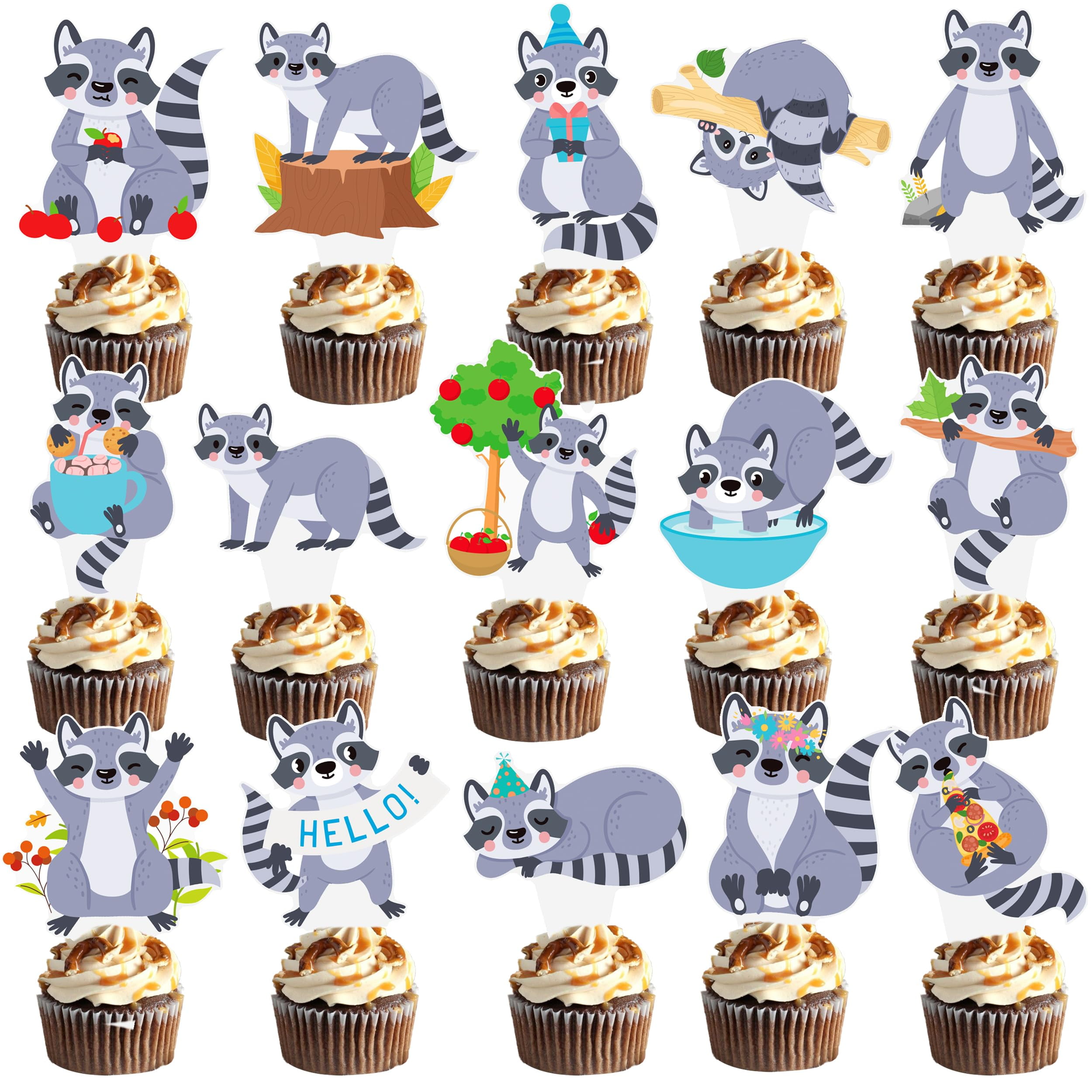 48Pcs Raccoon Theme FEV6 Cupcake Toppers Woodland Animal Birthday Party ...
