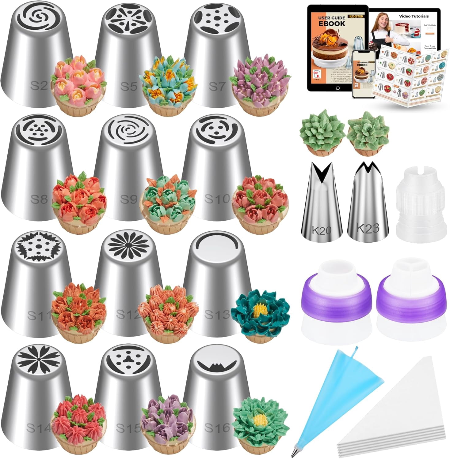 48Pcs Russian Piping Tips Set, Piping Bags and Tips Set with 12 Russian ...