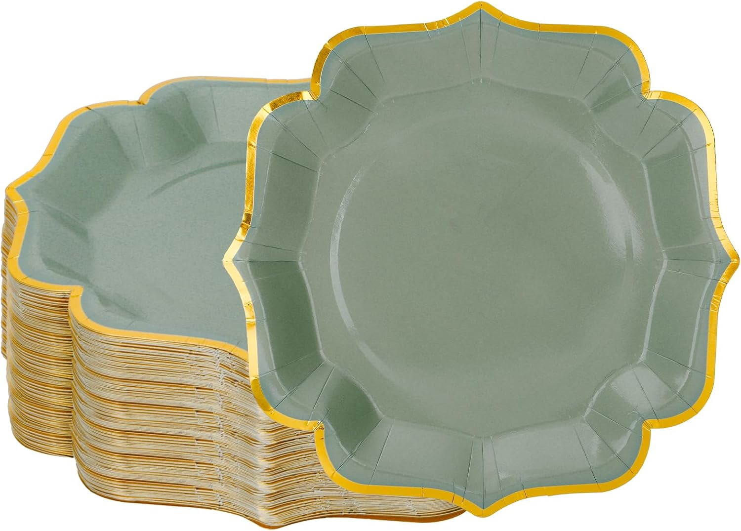 48Pcs Sage Green Plates Gold Foil Border 9 Inch Disposable Scalloped ...