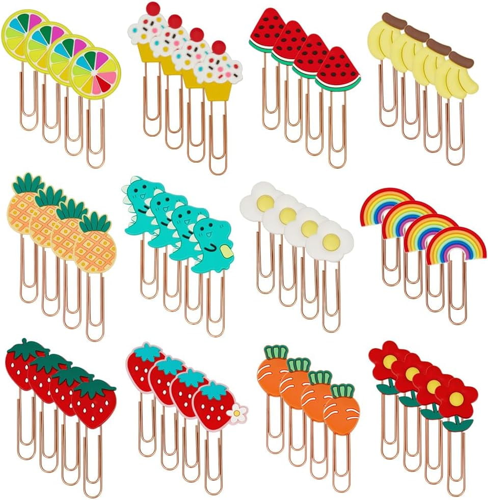 48Pcs Silicone Paper Clips Bookmarks 12 Styles Cute Animal Iron Clips ...