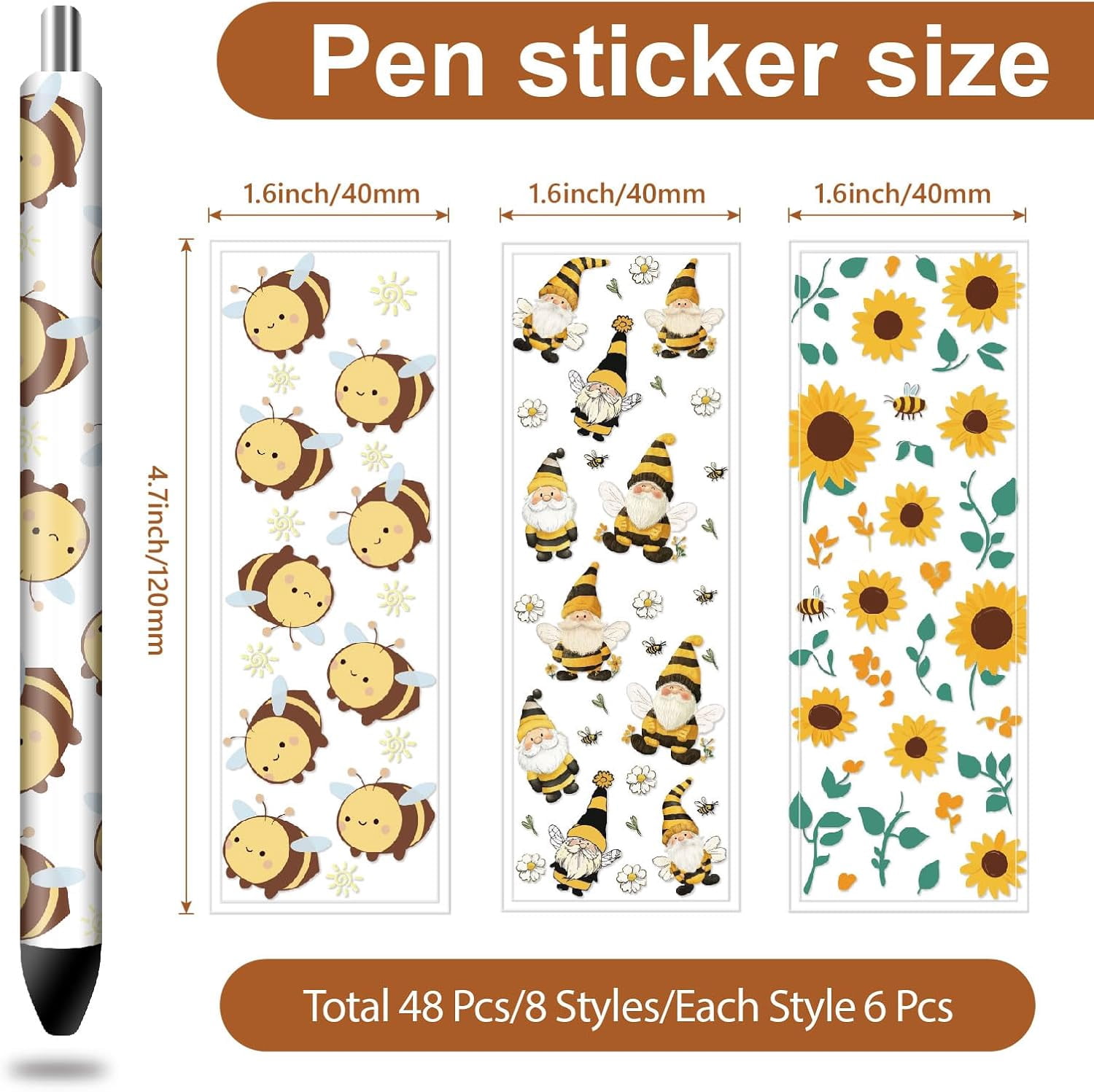 48Pcs UV DTF Pen Wraps Transfer Decal 8 Styles Bumble Bee Daisy ...