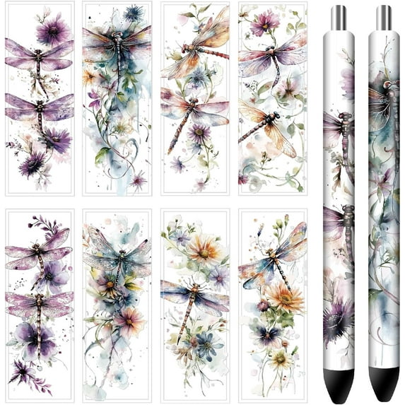 48Pcs UV DTF Pen Wraps Transfer Decal 8 Styles Dragonfly Flowers 4.7×1 ...
