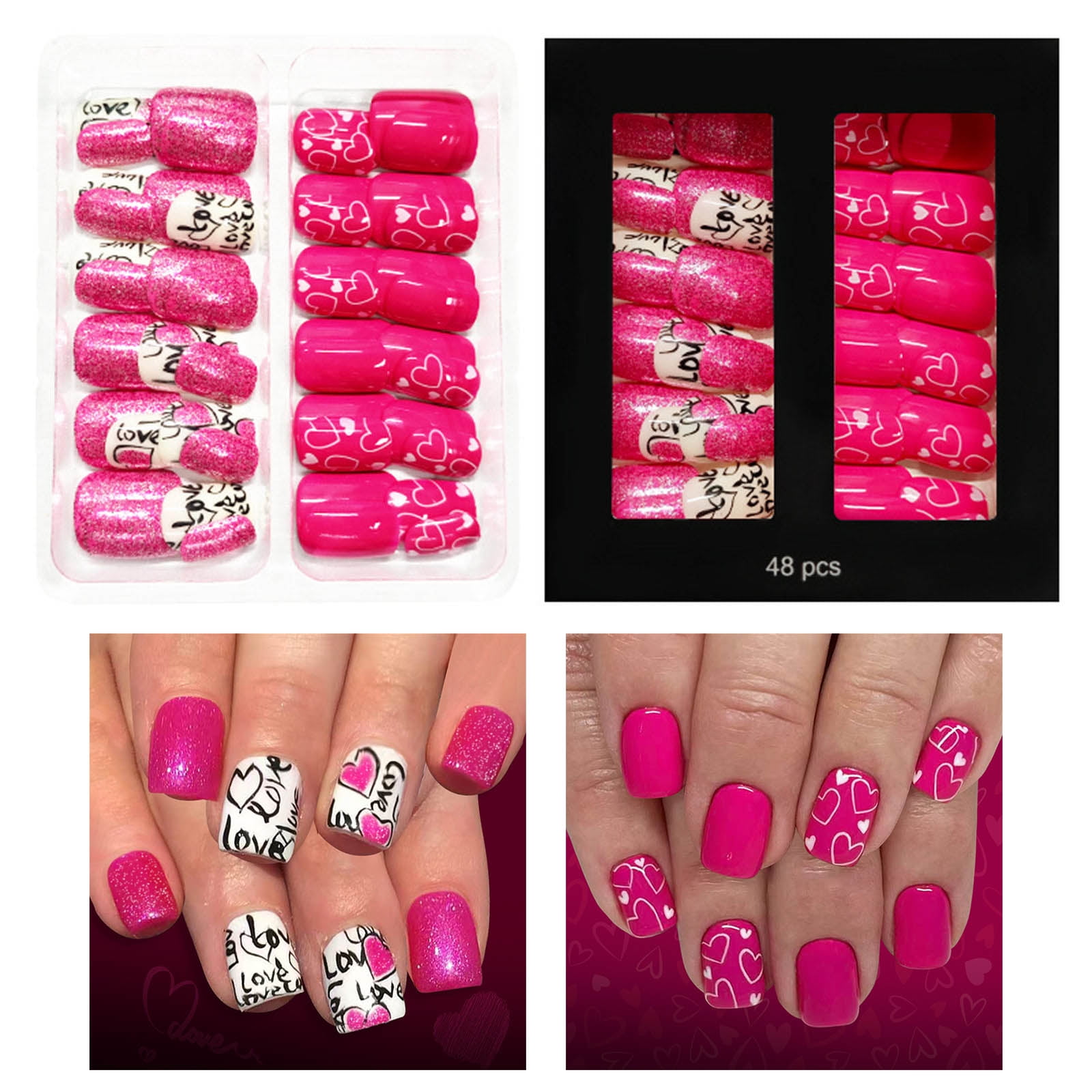 48Pcs Valentine Themed Heart Glitters Short Square Shining False Nails ...