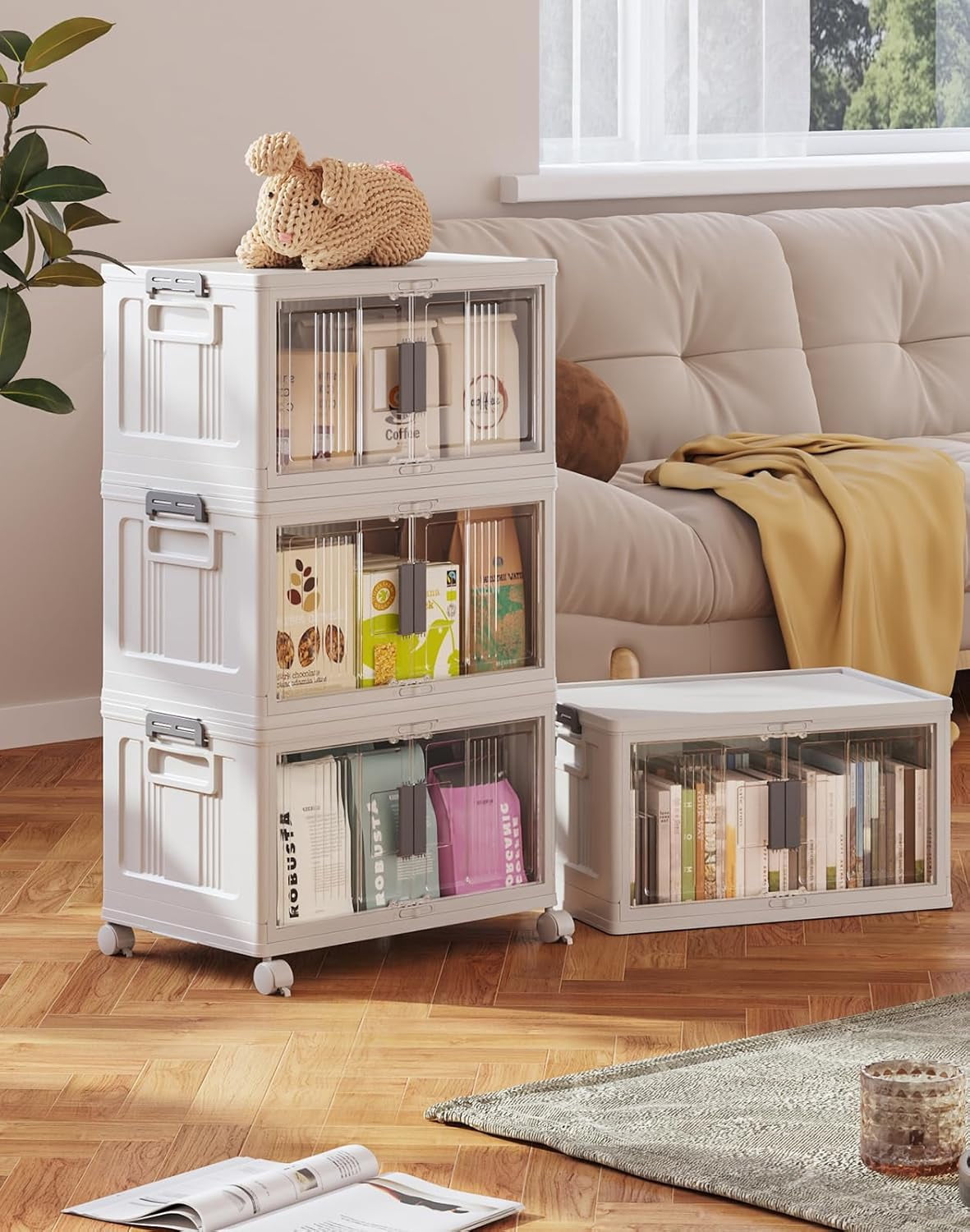 48QT Stackable Storage Bins with Lids - Folding Storage Box with Doors ...