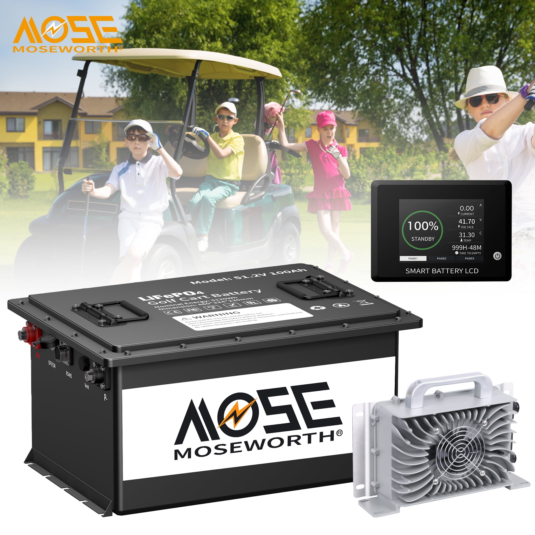 48V 100Ah Golf Cart Lithium Battery with Smart Battery Monitor & 20A ...
