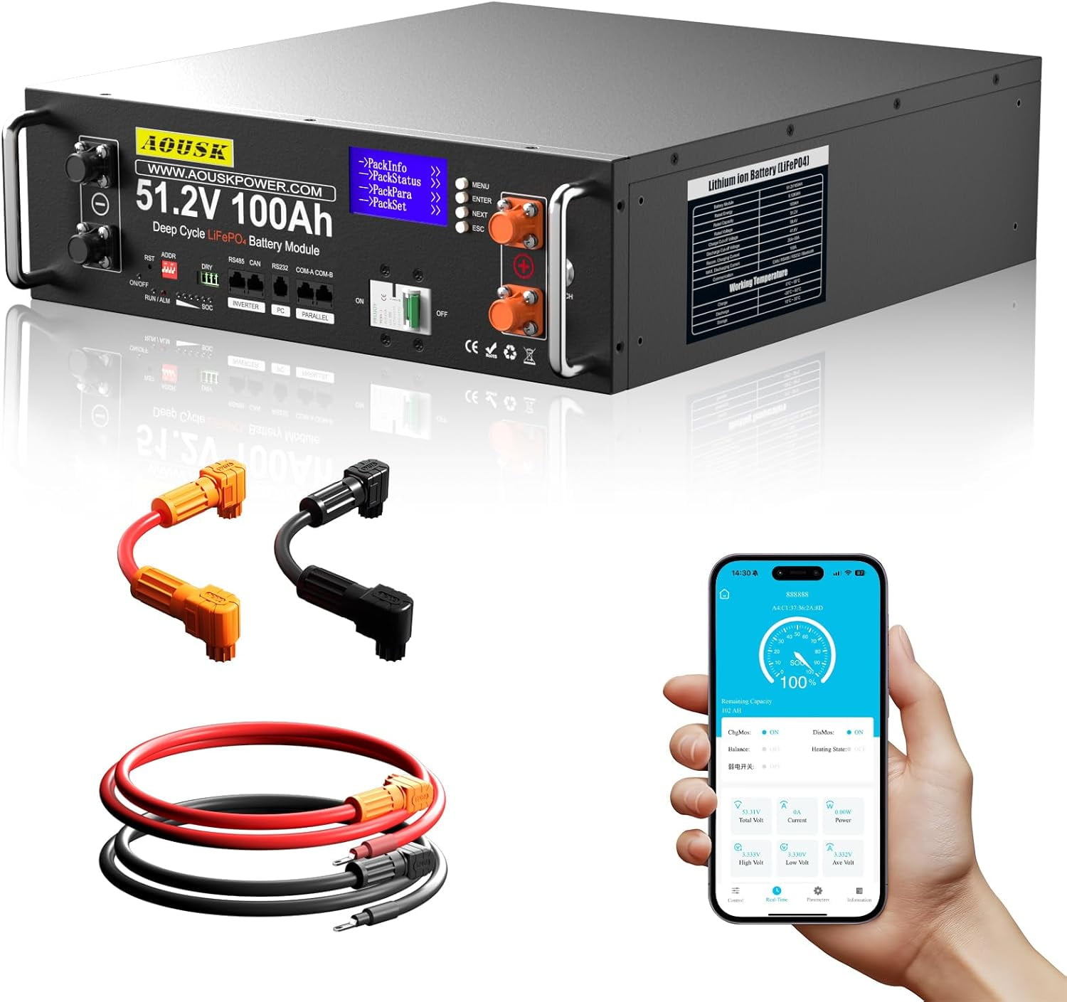 48V 100Ah Lithium LiFePO4 Solar Battery, Support inverter communication ...