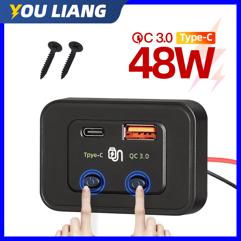 48W Quick Charger QC USB Type C 12V/24V With On/off Button for Car ...