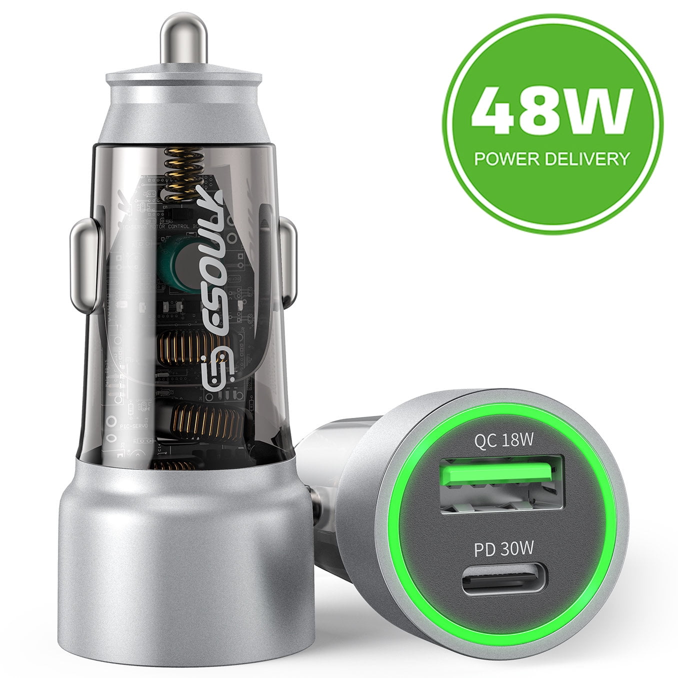 48W Transparent USB-C PD Power Delivery + USB-A Quick Charge 3.0 Car ...