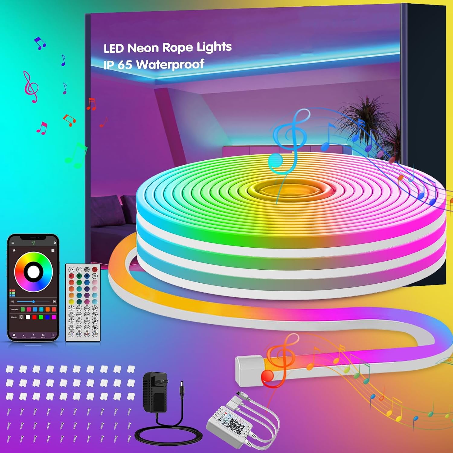 48ft RGB LED Neon Rope Lights with App, Remote Control, IP65 Neon Light ...
