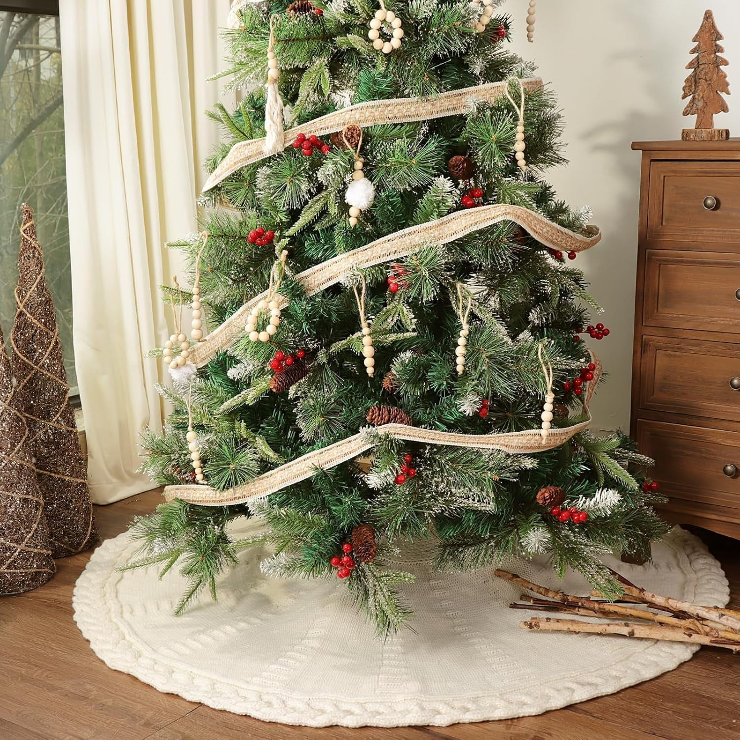 48in Cream White Braided Cable Knit Christmas Tree Skirt, Rustic ...