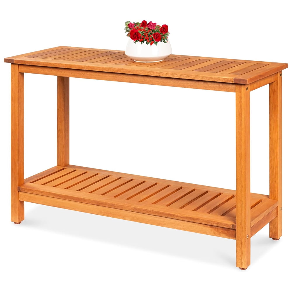 48in Eucalyptus Wooden Console Table with 2-Shelf, Multifunctional Bar ...