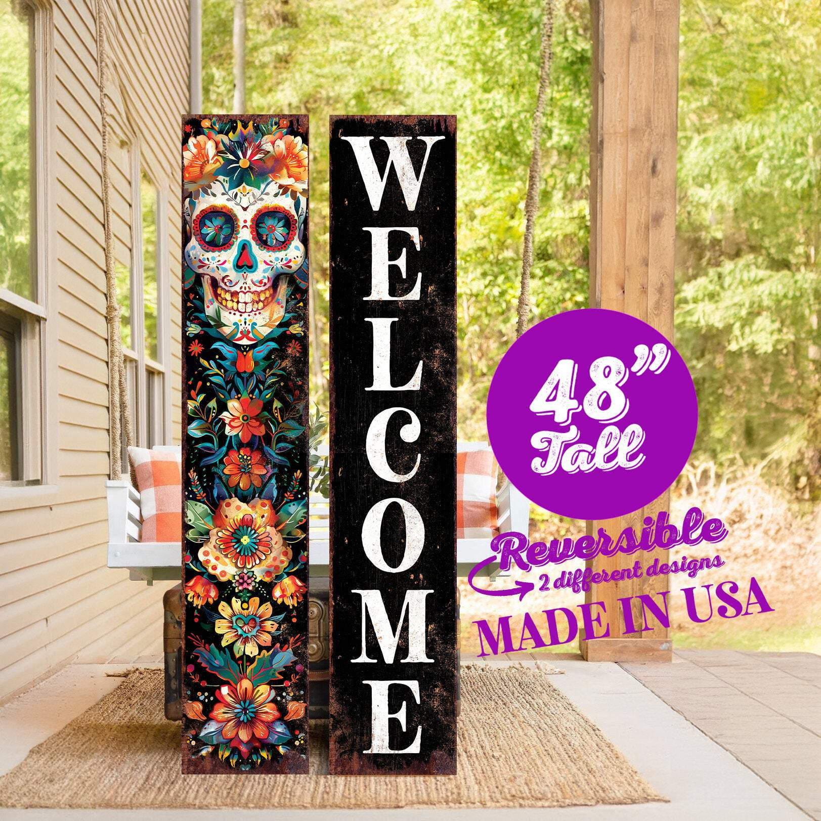 48in Welcome Sign | Dia De Los Muertos Sugar Skull Porch Sign - Vintage ...