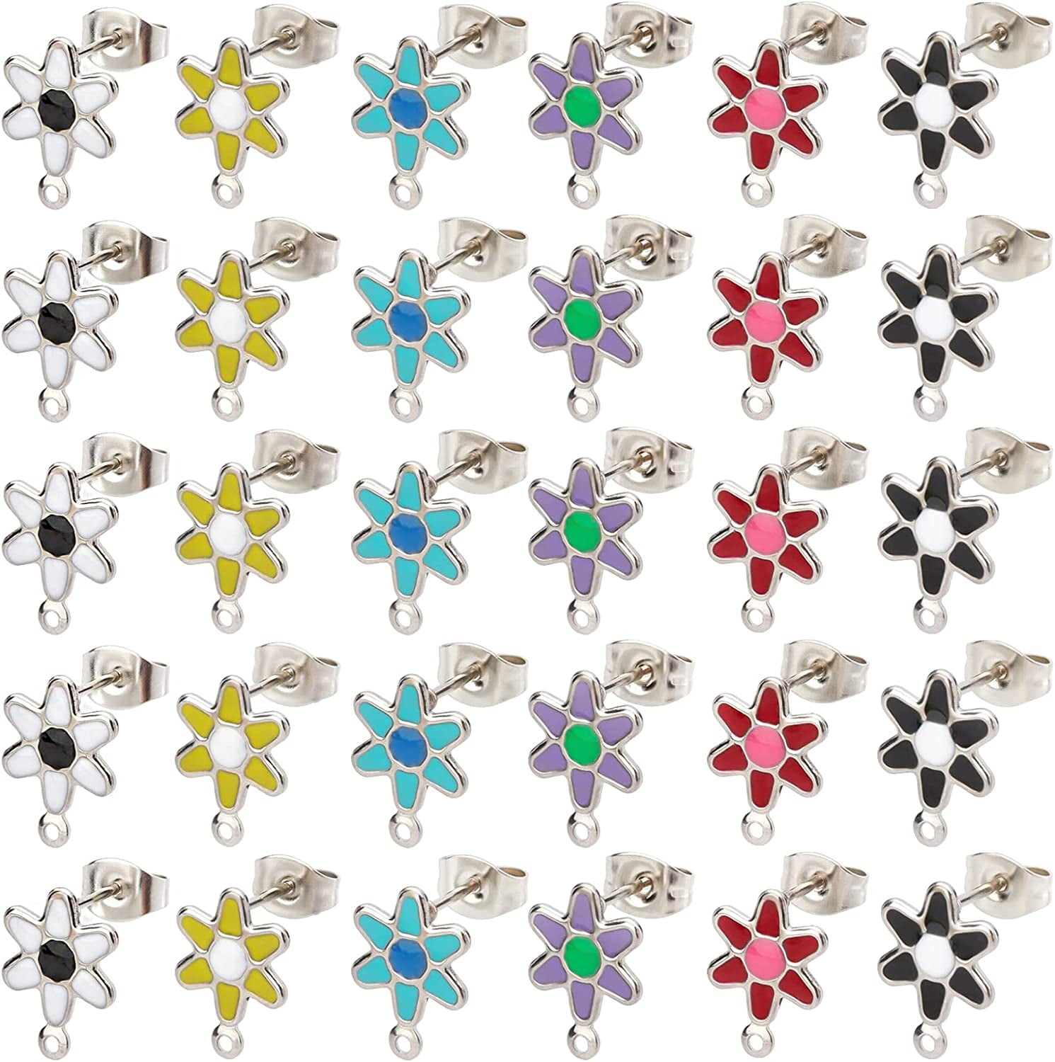 48pcs 6 Styles Flower Enamel Earrings Stainless Steel Enamel Stud ...