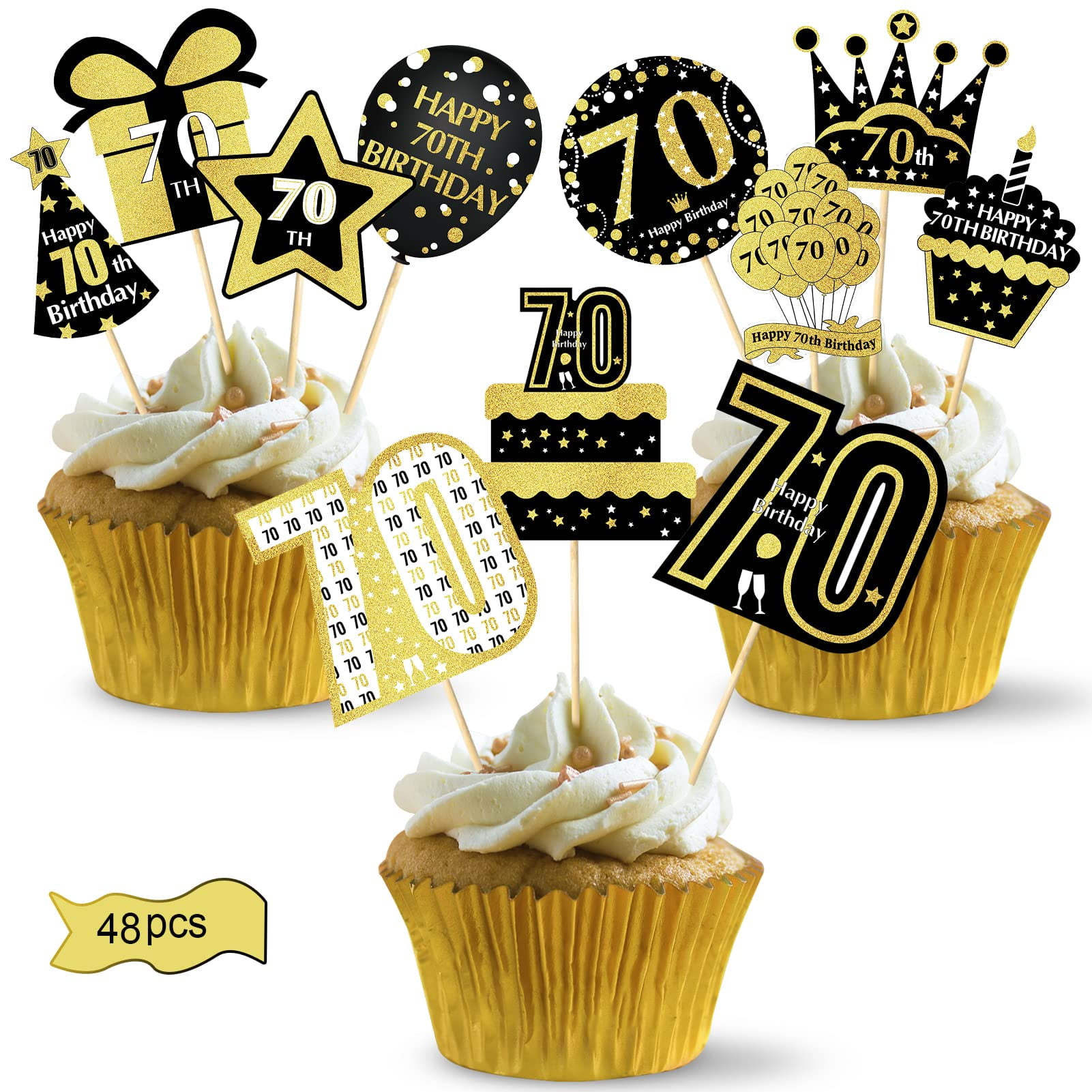 48pcs 70th Birthday Cupcake Toppers Decorations, Happy 70 Year Old ...