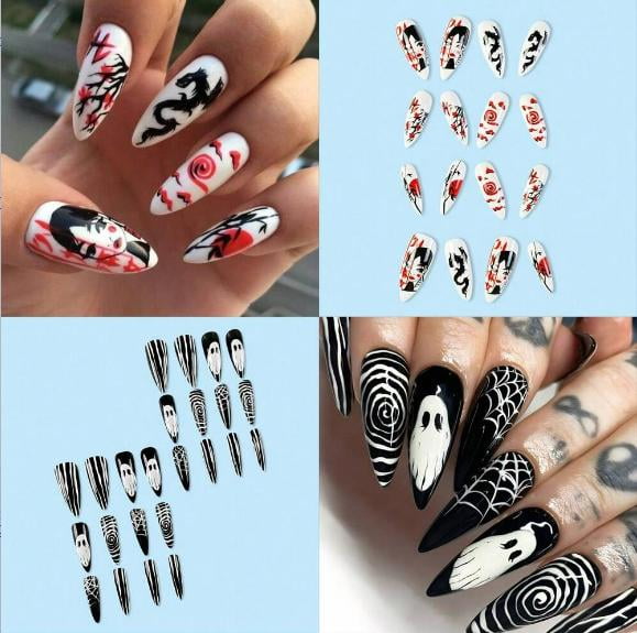 48pcs Dark Black Dragon Tree Shadow Press On Nails Drop Nail Striped Spider Fashion Patch ...