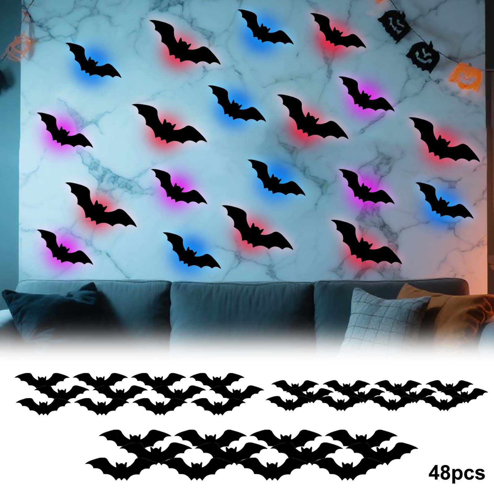 48pcs Halloween Bats Wall Decor with Wall Sticker – Lighted 3D Bat ...