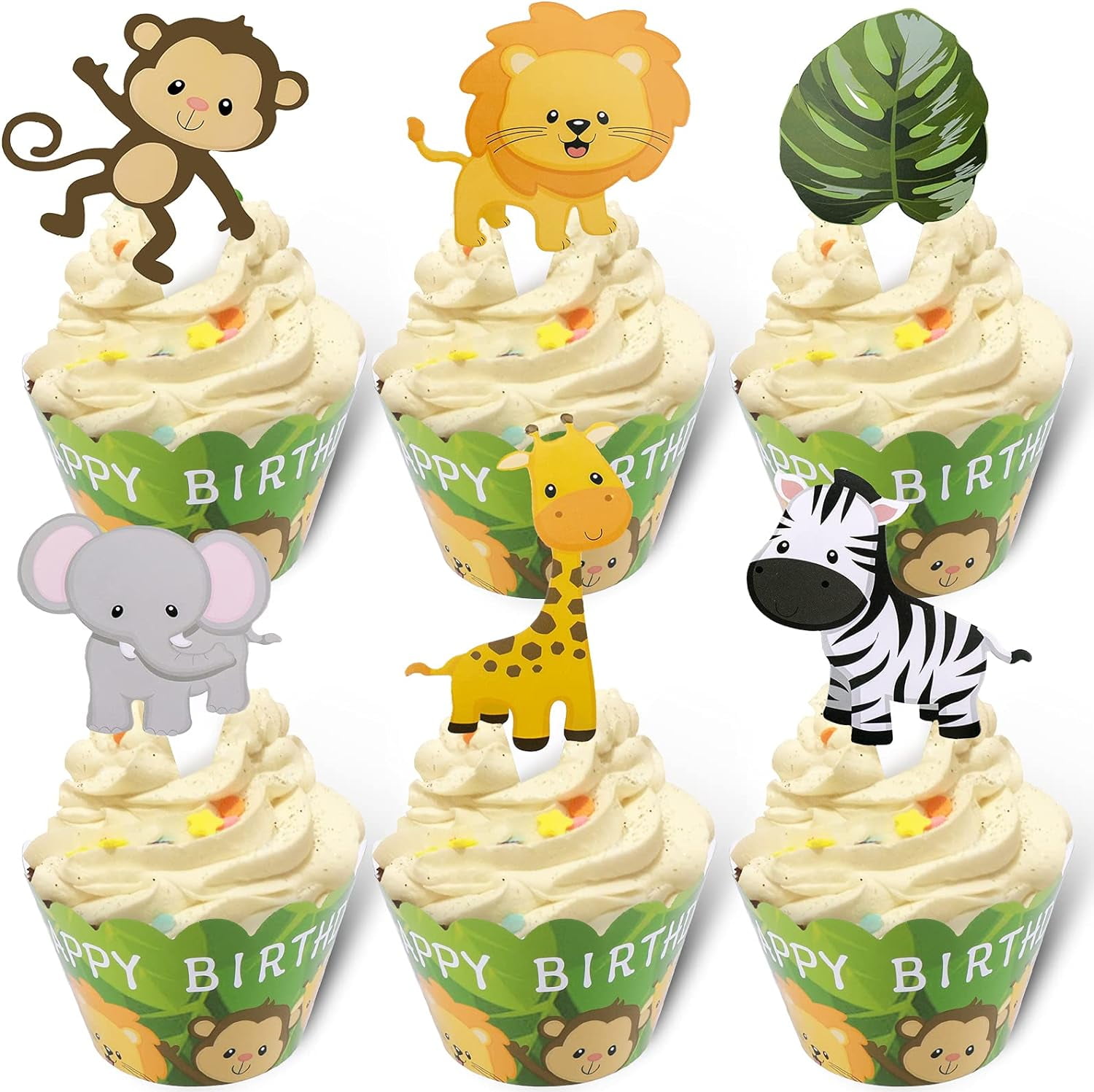 48pcs Jungle Safari Animal Cupcake Wrapper Wild One Birthday Photo ...