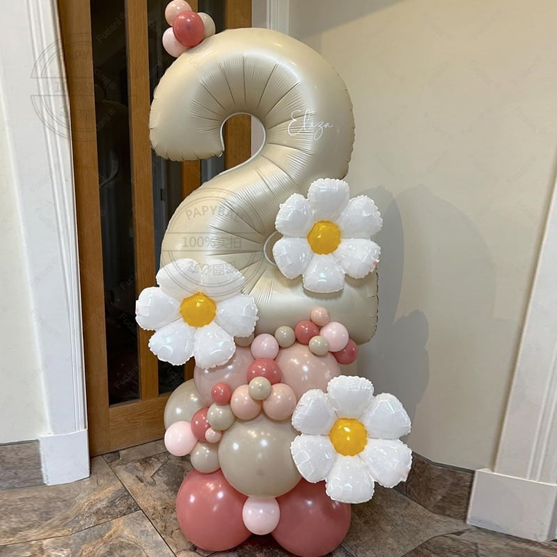 48pcs Macaroon Pink Latex Balloons Daisy Flowers 1-9th Number Foil Ball ...