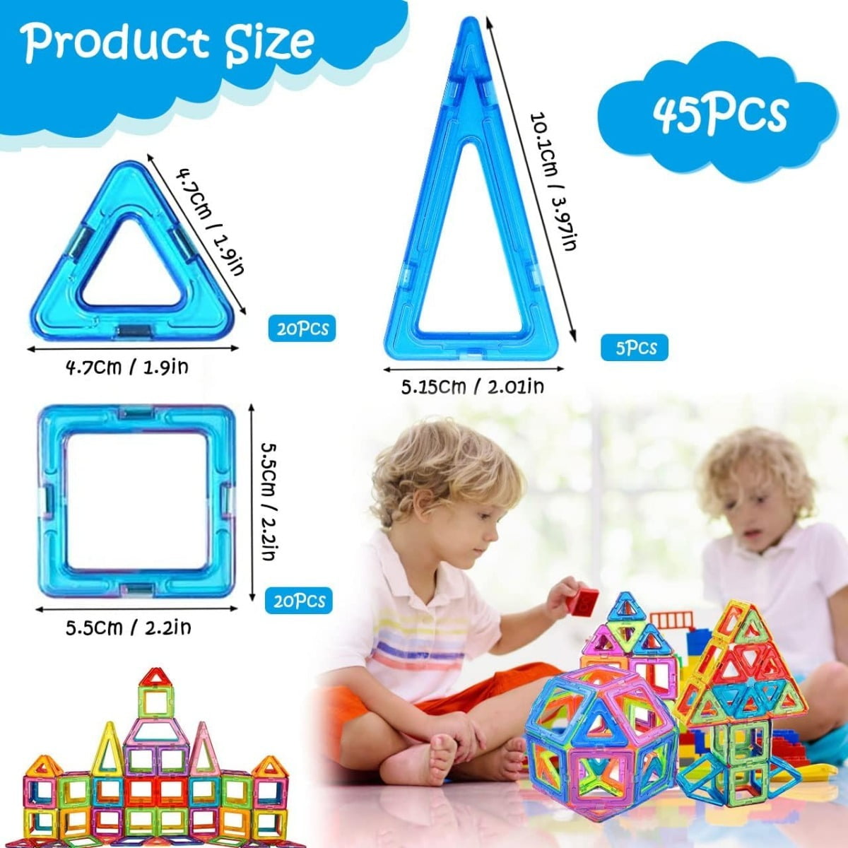 48pcs Magnetic Tiles Set - Educational 3D Magnet Building Blocks - Building Construction Toys ...