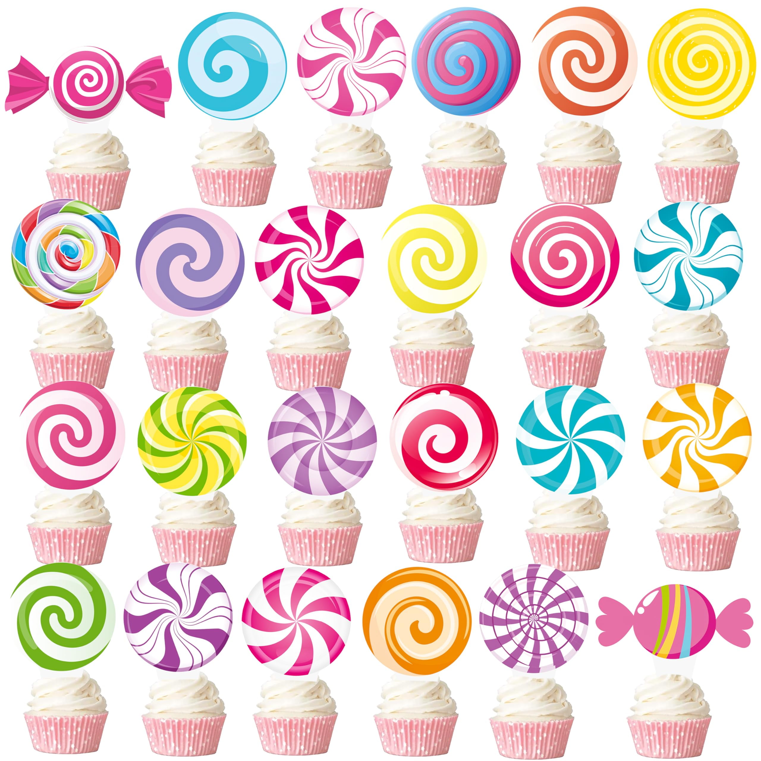 48pcs Round Lollipop Cupcake Toppers Candyland Birthday Party ...