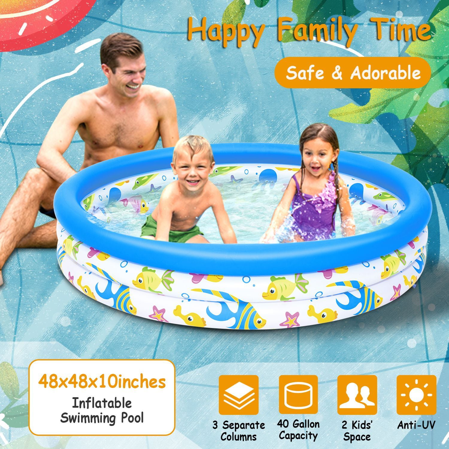 48x10' Inflatable Swimming Pool Blow Up Family Pool For 2 Kids Foldable ...
