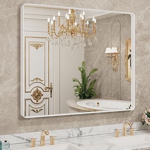 48x40 Inch White Metal Framed Bathroom Mirror for Wall, Large Rounded ...