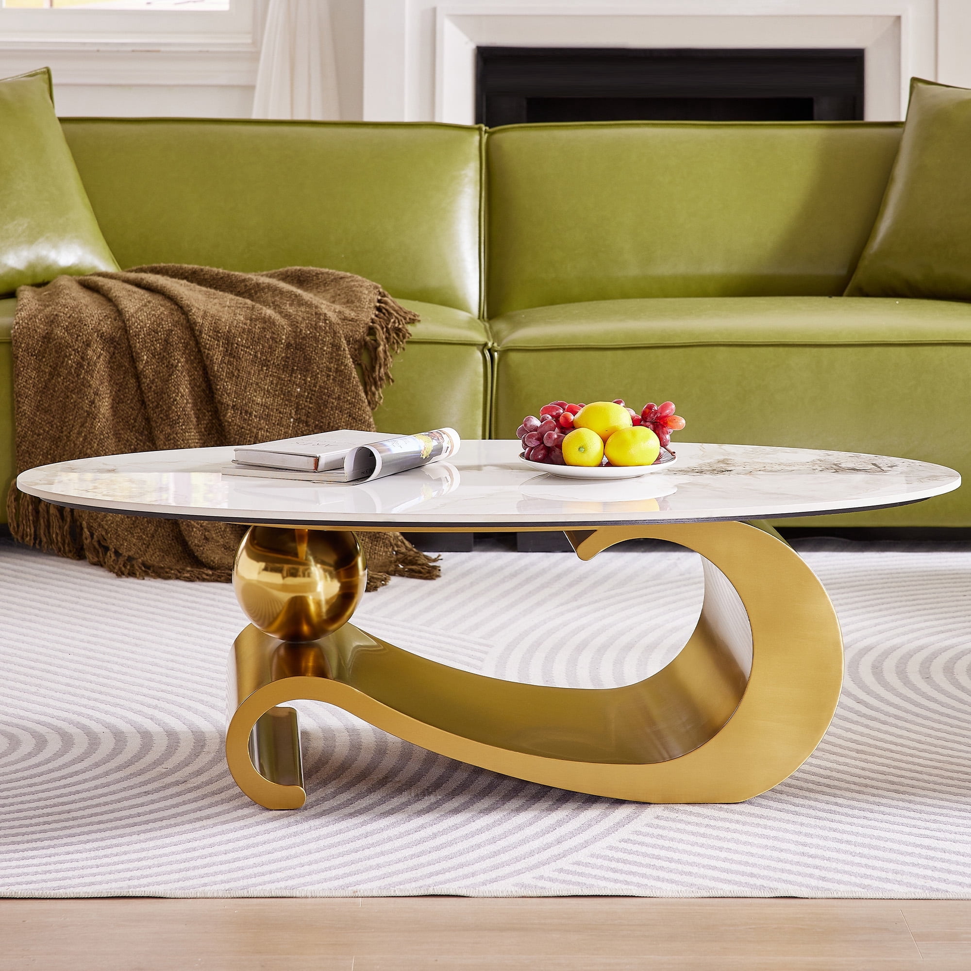 ENSHUI Modern Oval Faux Marble Coffee Table with Sturdy Gold Metal Base ...