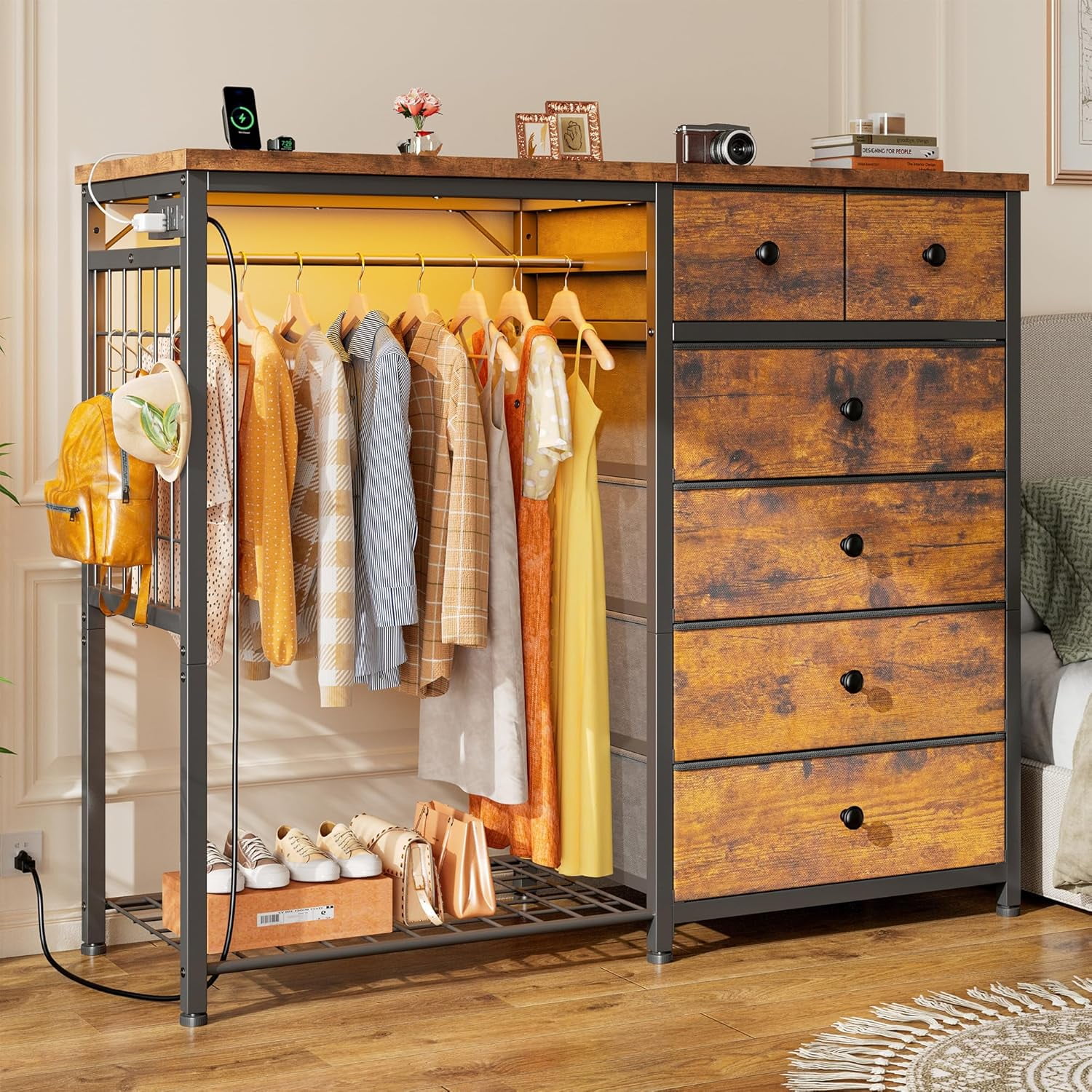 49.2" W Dresser for Bedroom with Hanging Rack 6 Drawer Dresser with LED ...