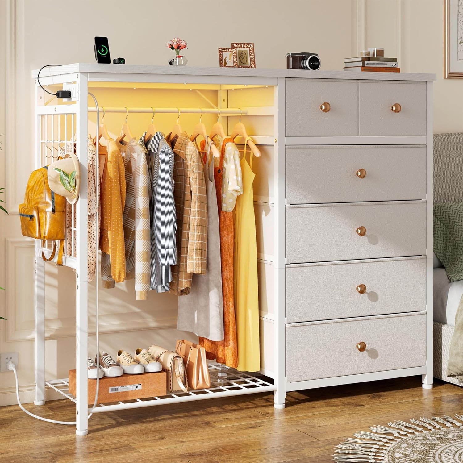 49.2" W White Dresser for Bedroom with Hanging Rack, 6 Drawers Dresser ...