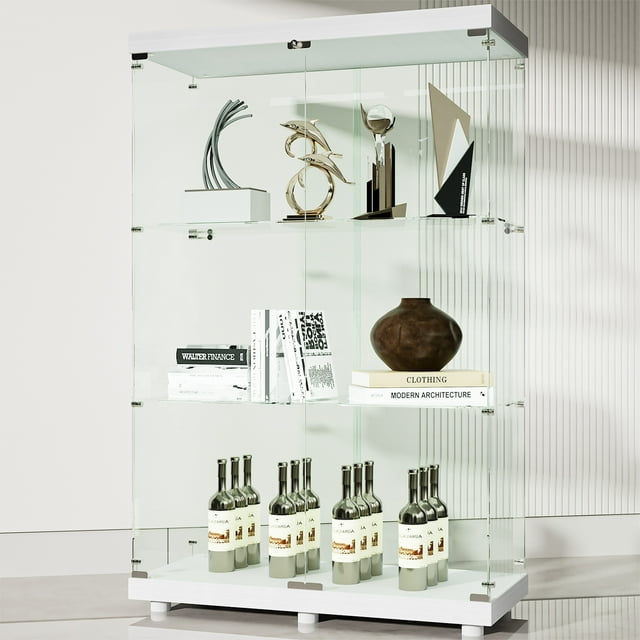 Large Wood Glass Display Cabinet, 3-Shelf, Anti-tipping, Lock & Handle ...