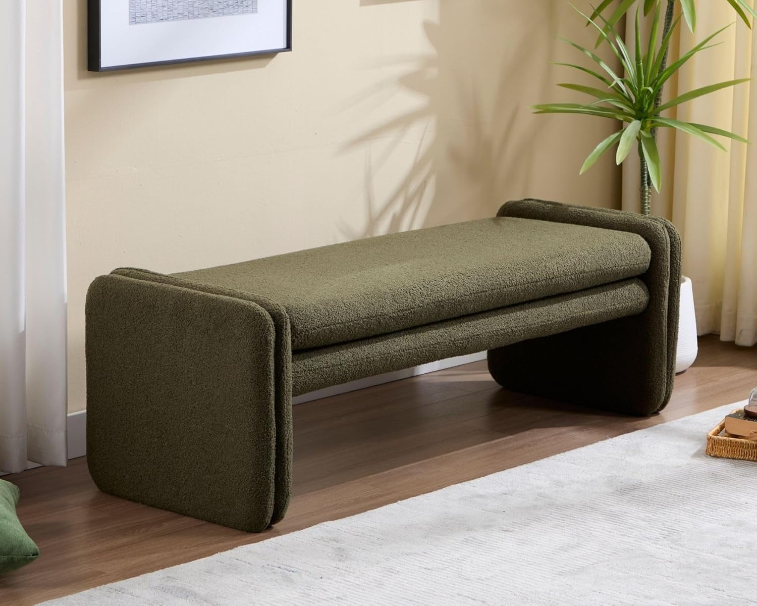 49.5’’ Modern Green Boucle Fabric Bench, Faux Sherpa Upholstered ...