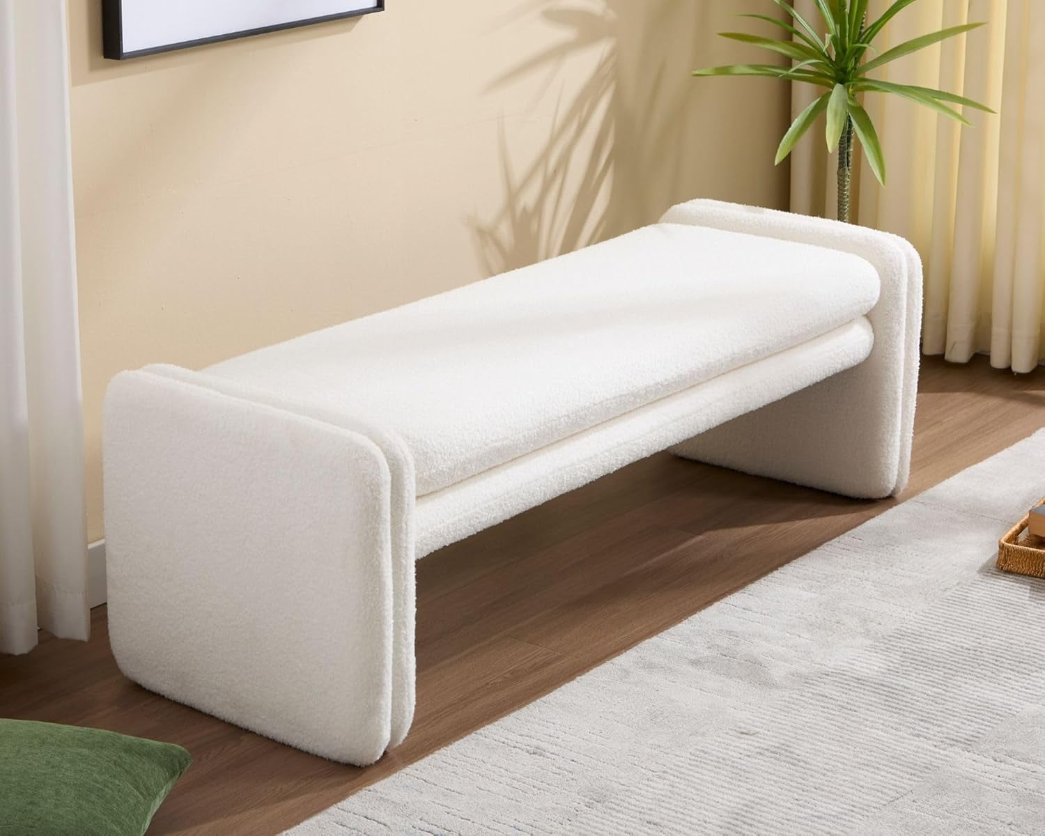 49.5’’ Modern White Boucle Fabric Bench, Faux Sherpa Upholstered ...