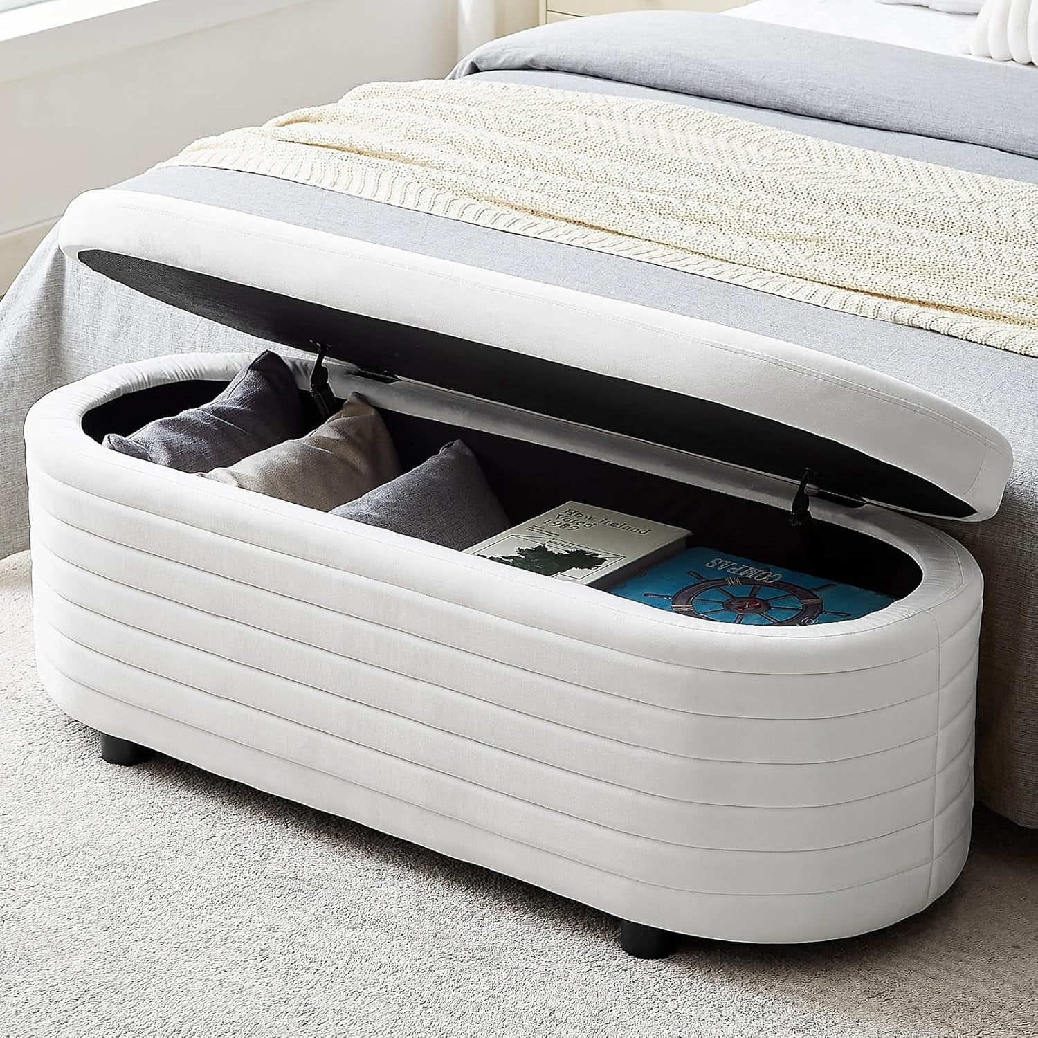 49.6" Long Oval Storage for Bedroom Velvet Upholstered Storage Ottoman ...