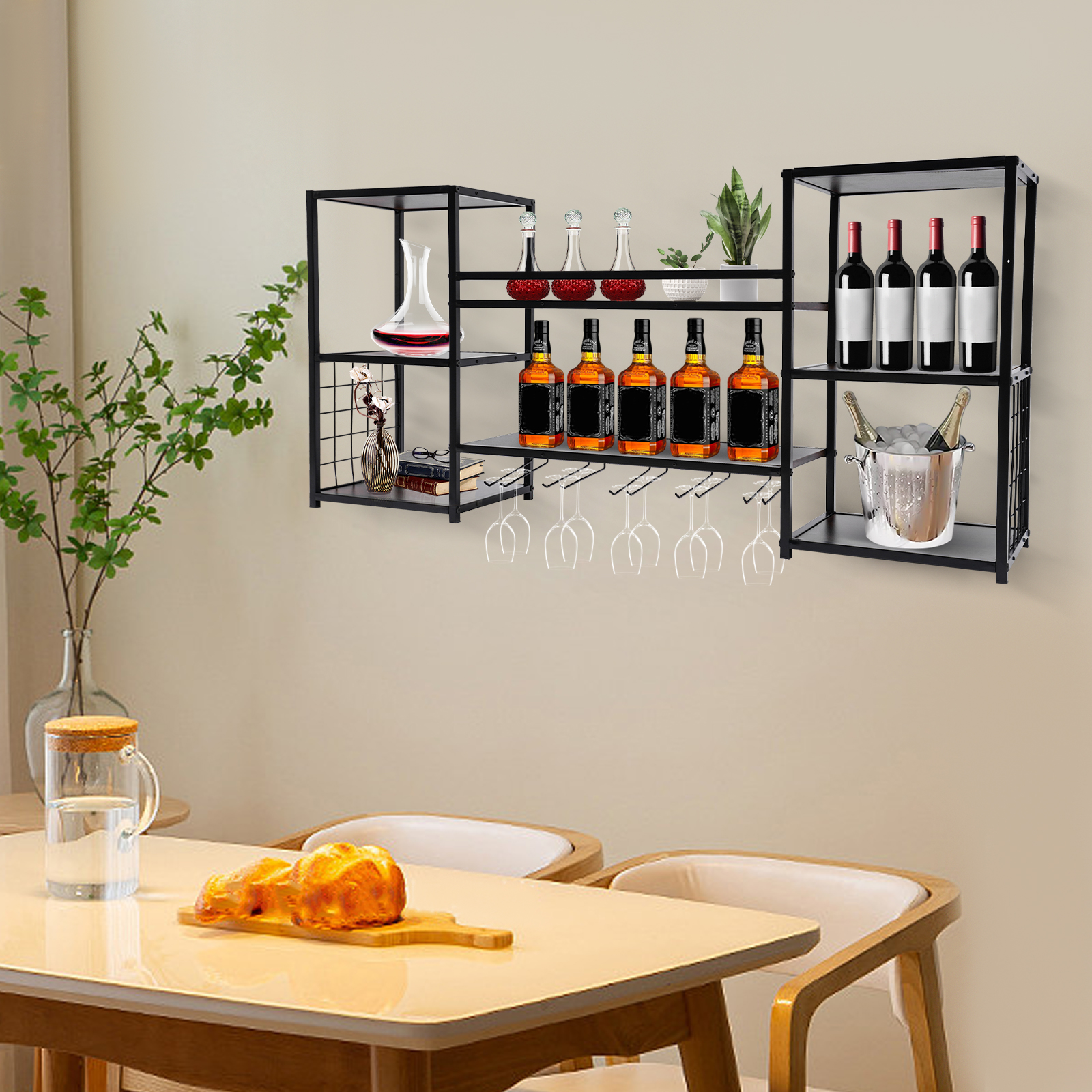 49.6in Modern Metal Wine Rack 5 Tiers Wall Mounted Wine Holder with 5 Shelves, Tall Glasses ...