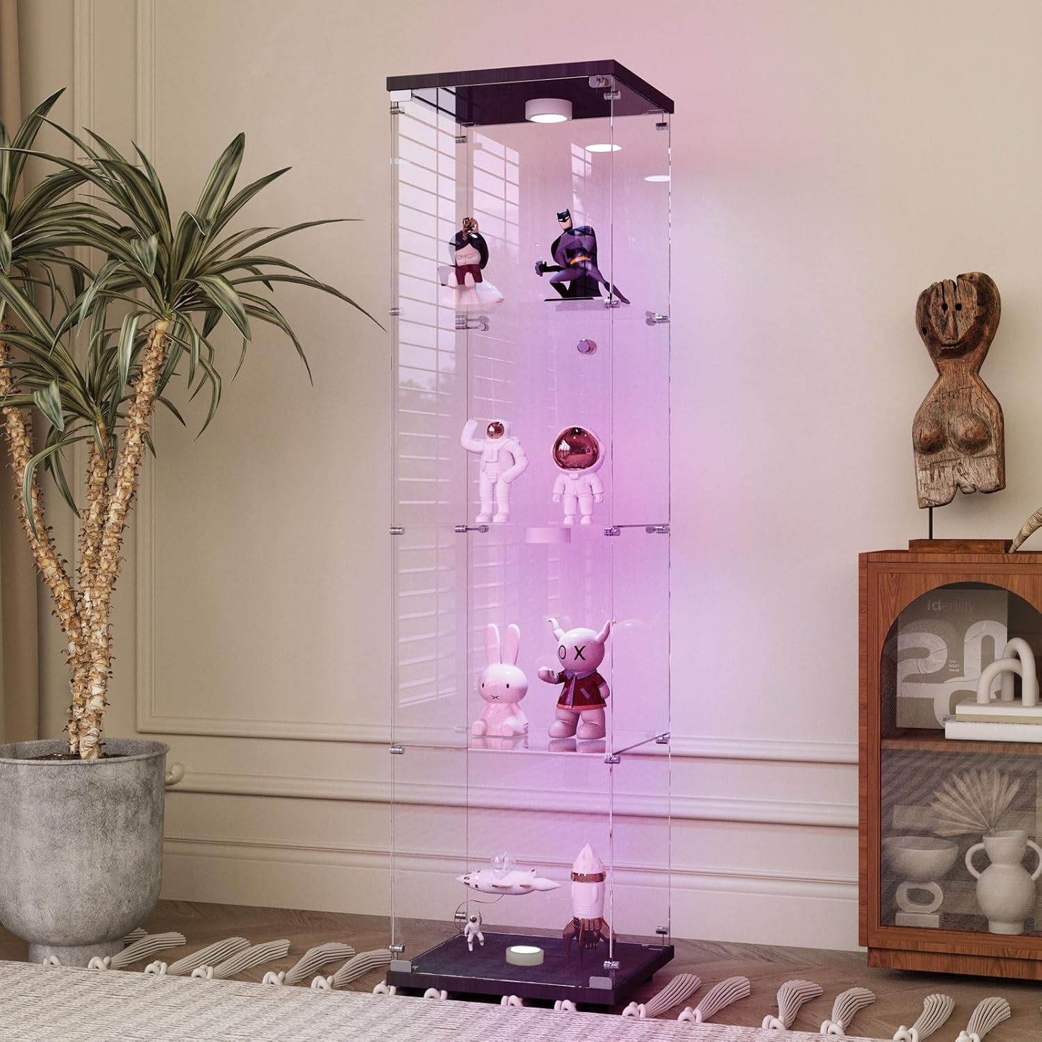 49.73" Tall Glass Display Cabinet with LED Lights&Rolling Wheels, Curio Glass Cabinet with 3 ...