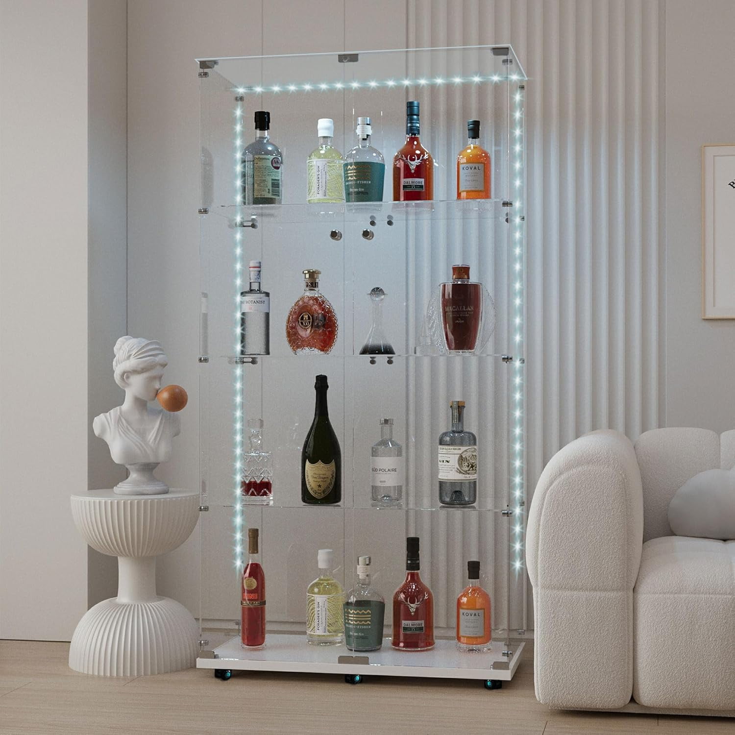 49.73" Tall Glass Display Cabinet with LED Lights&Rolling Wheels, Curio ...