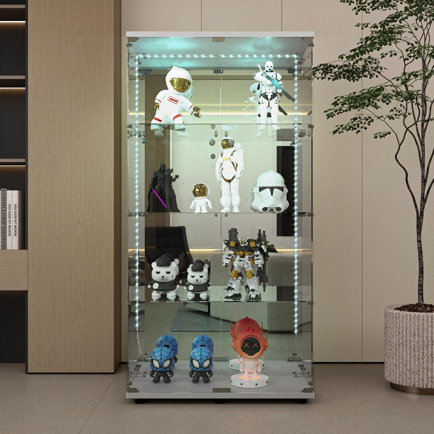 49.73" Tall Glass Display Cabinet with LED Lights&Rolling Wheels, Curio ...