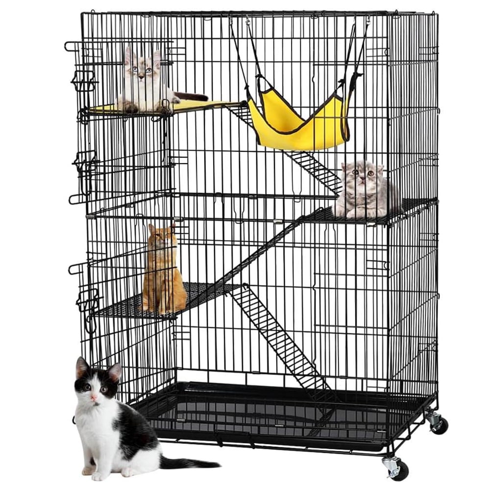 49'' Collapsible Cat Cage with Rotating Casters, 4-Tier Metal Cat ...