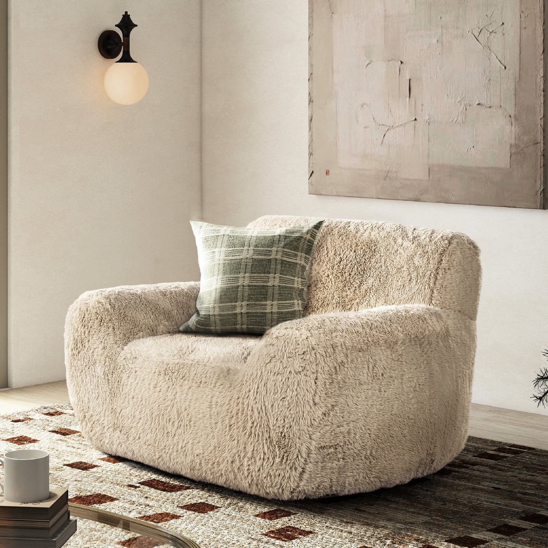 49" Cream Beige Faux Fur - Soft and Luxurious Seating - Living Room or ...