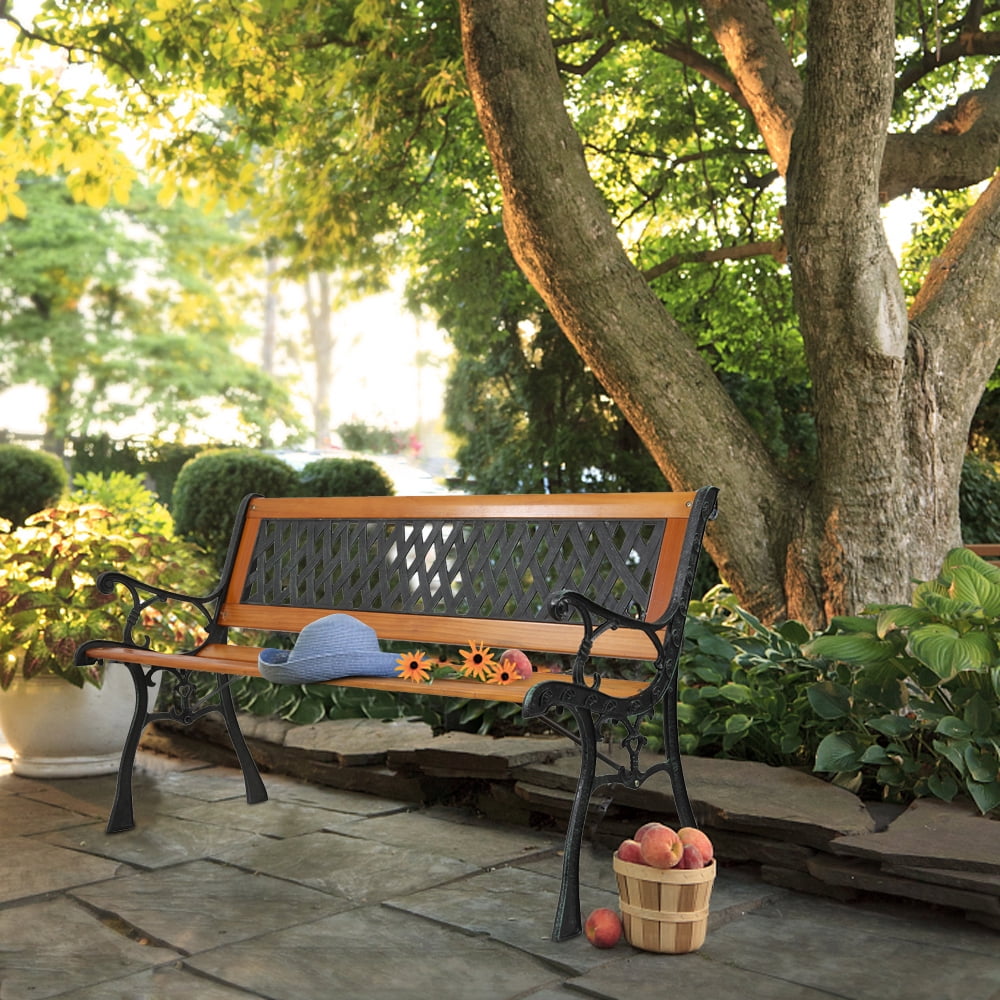 49" Garden Bench, Patio Porch Chair with Deck Hardwood and Cast Iron ...